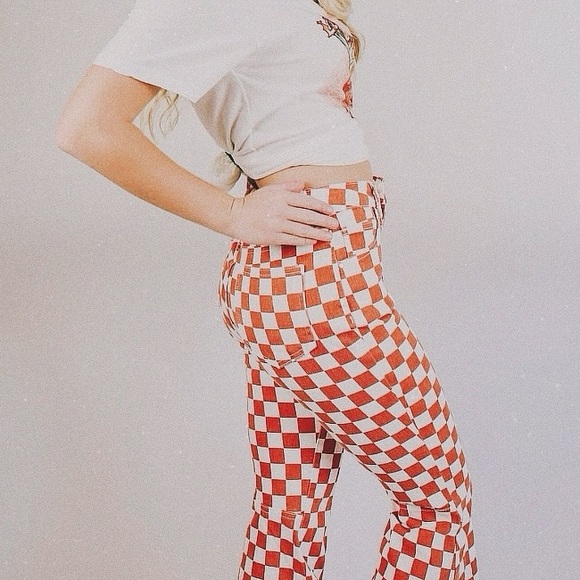 Jeans | Checker Denim Stretchy High Waist Boho Bell Bottom Flare Jeans ...
